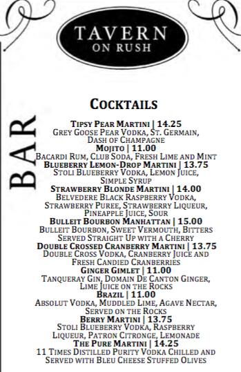 Menu at Tavern On Rush restaurant, Chicago, N Rush St