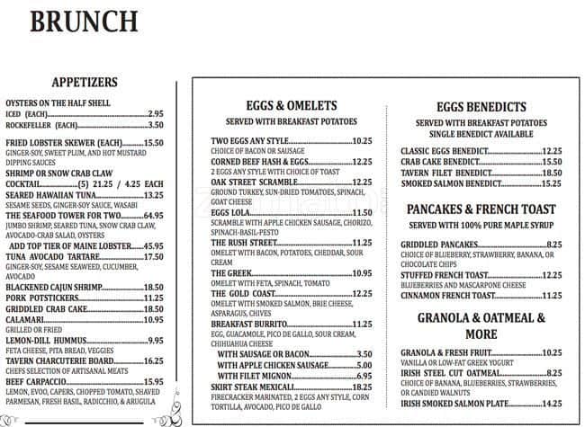 Menu at Tavern On Rush restaurant, Chicago, N Rush St