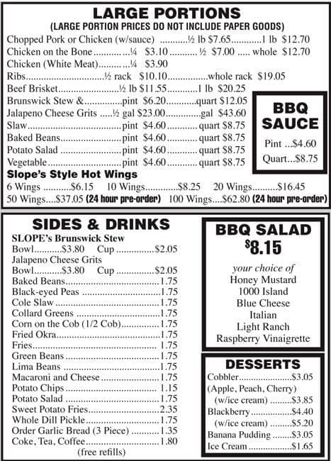 Menu at Slope's BBQ, Atlanta