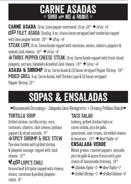 Menu at Lupe Tortilla restaurant, Cedar Park