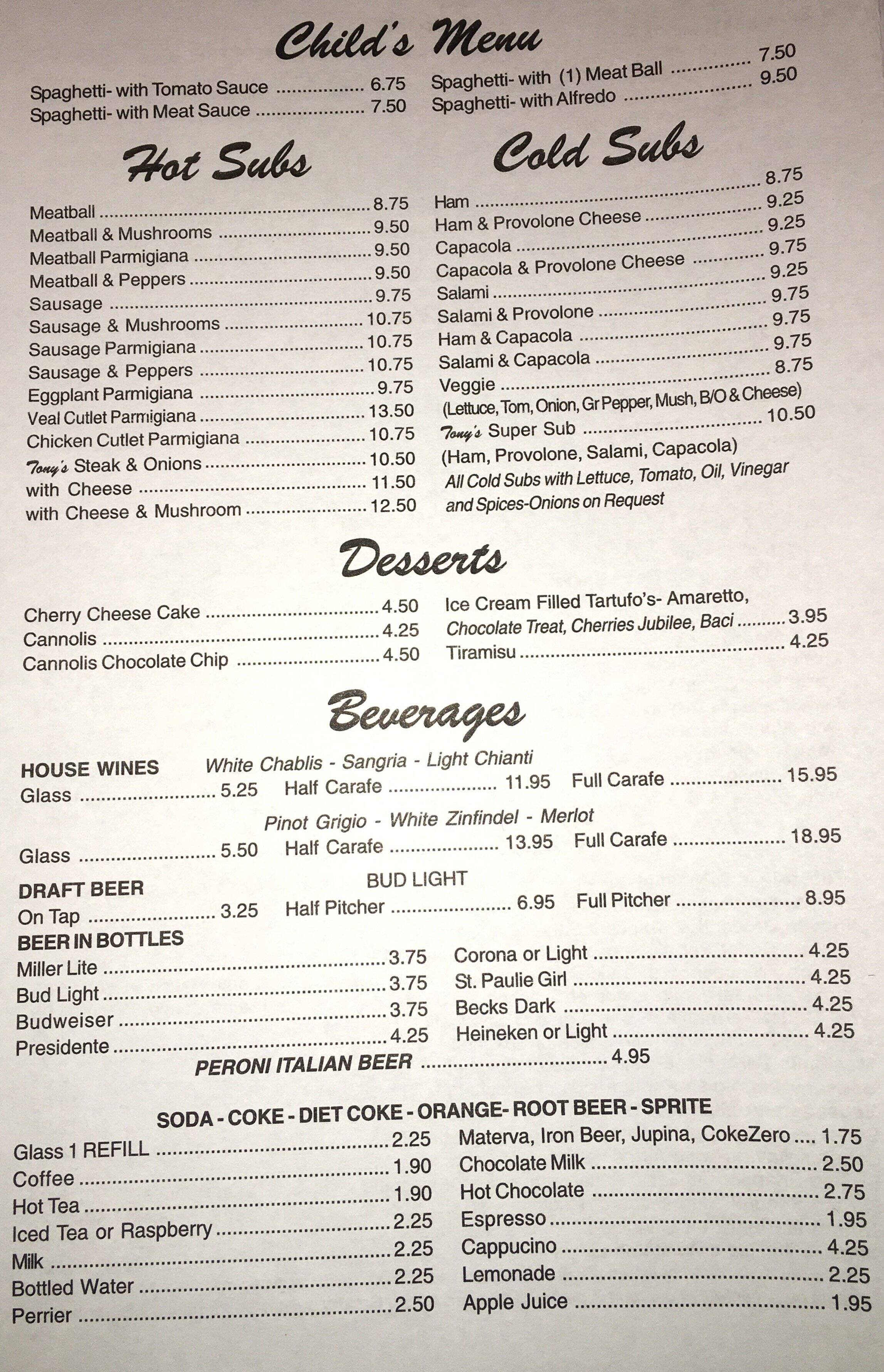 Menu at Tony's Place pizzeria, Hialeah, NW 78th Ave