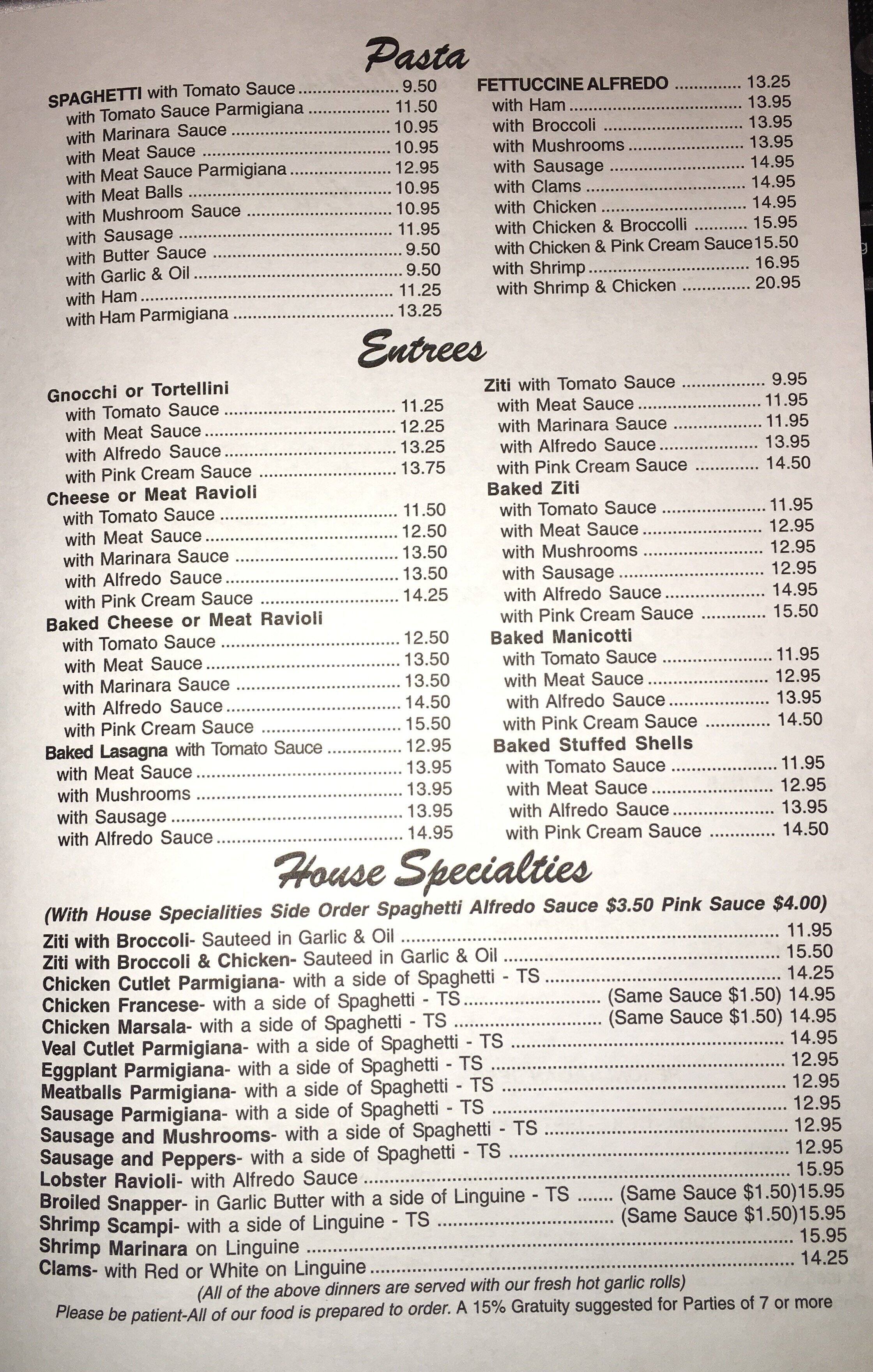 Menu at Tony's Place pizzeria, Hialeah, NW 78th Ave