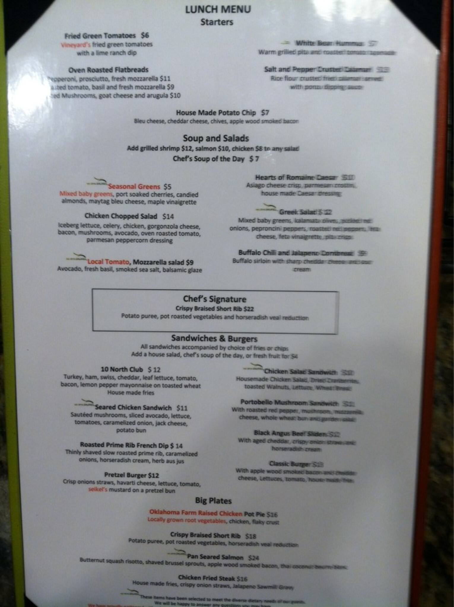 Menu at 10 North Grille restaurant, Oklahoma City, 10 N Broadway