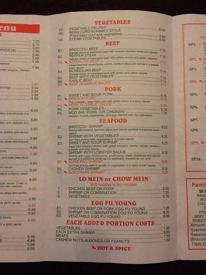 Menu at Dragon Palace (Dining in and Take out) restaurant, Seward