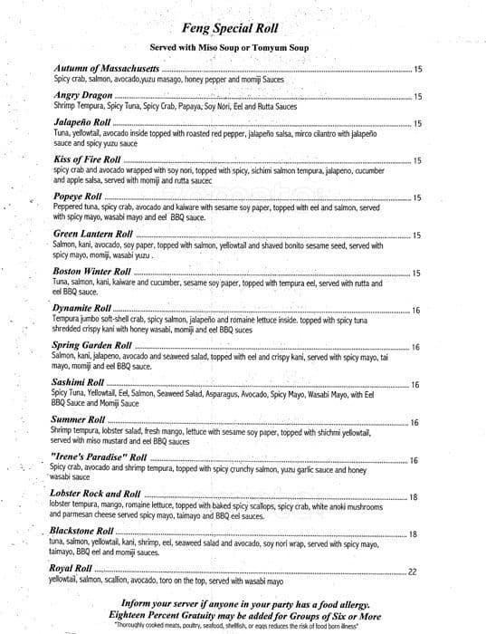 Menu at Feng Asian Bistro & Hibachi restaurant, Millbury, 70 Worcester ...