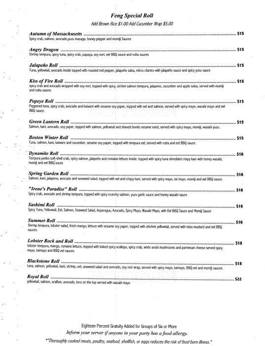 Menu at Feng Asian Bistro & Hibachi restaurant, Millbury, 70 Worcester ...