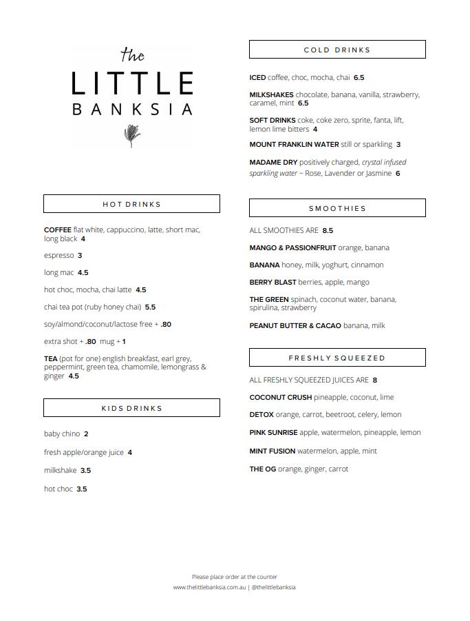Menu at The Little Banksia cafe, Kensington