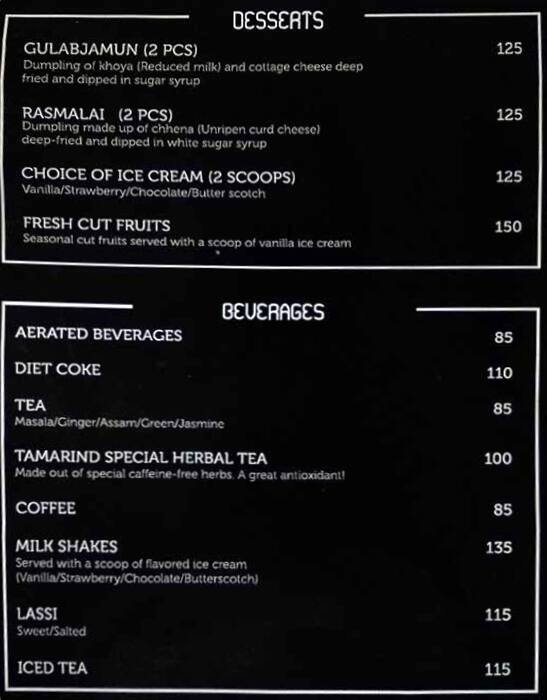 Menu at Tamarind, New Delhi, Rockland Inn