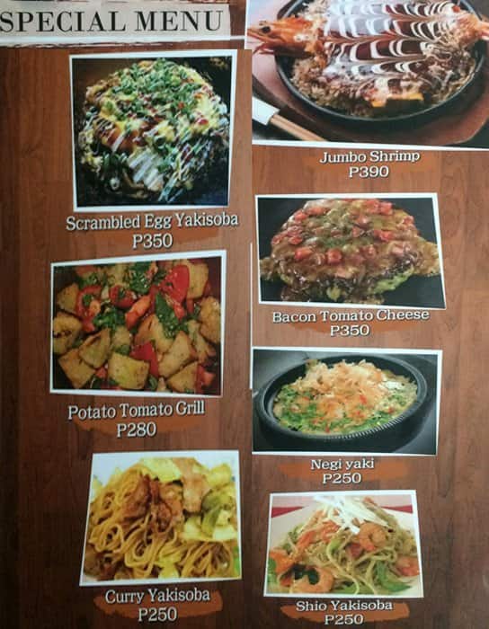 Menu at Osaka Takoyaki restaurant, Lapu-Lapu City, The Outlet