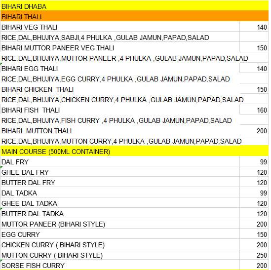 Menu of Bihari Dhaba, Brookefield, Bangalore