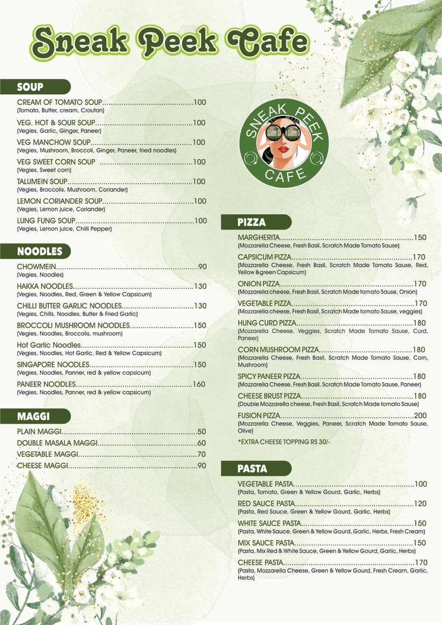 Menu at Sneak Peek Cafe - The Pure Veg Restro, Rishikesh