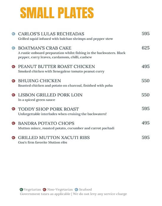 Menu of Slow Tide, Anjuna, Goa