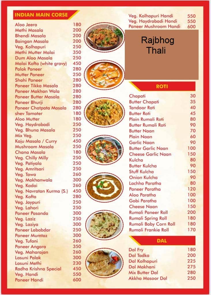 Menu of Rajbhog Thali, Lonavala, Pune