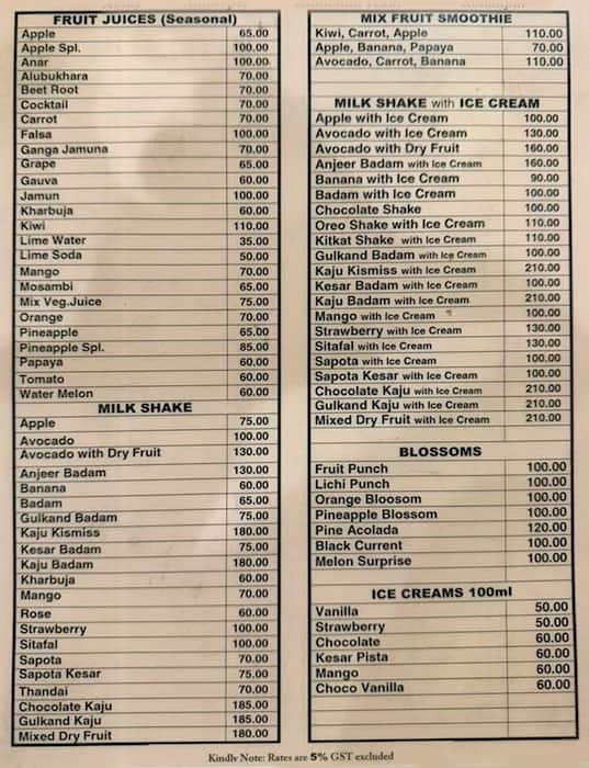 Menu of Bombay Juice, Abids, Hyderabad