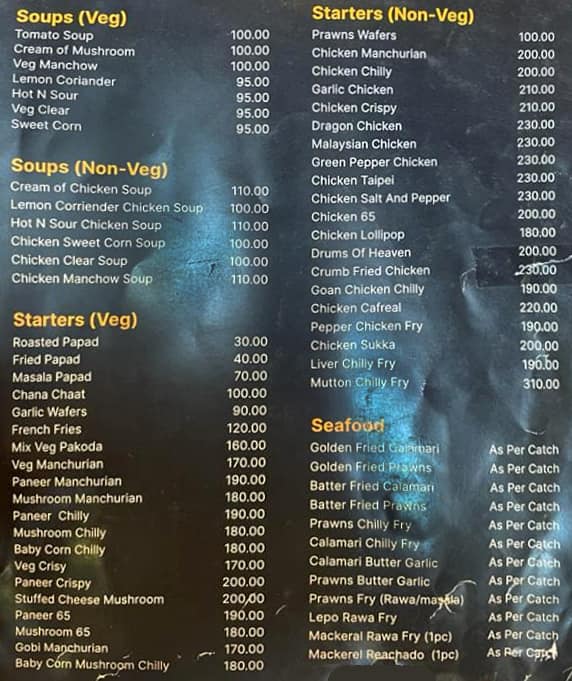 Menu of Eater's Den, Vasco, Goa