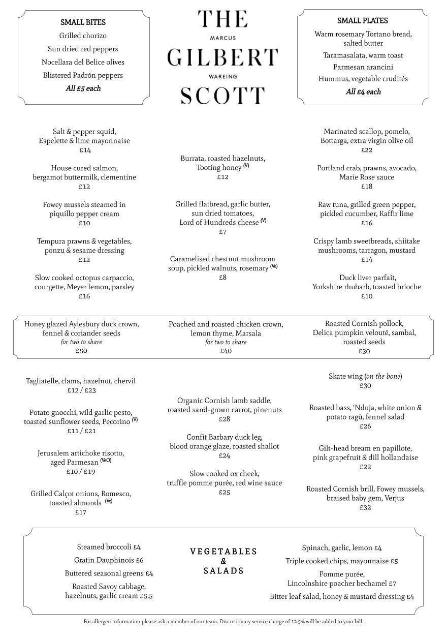 Menu at The Gilbert Scott restaurant, London