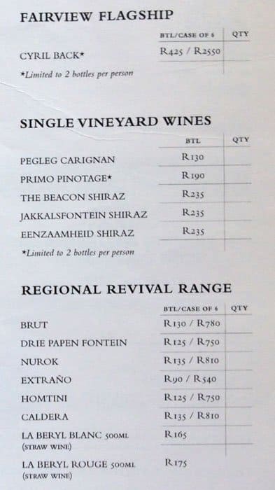 Menu at Fairview Wine and Cheese pub & bar, Paarl
