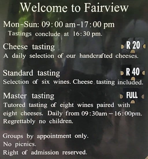 Menu at Fairview Wine and Cheese pub & bar, Paarl
