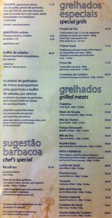 Barbacoa Churrascaria Menu, Menu de Barbacoa Churrascaria, Itaim Bibi ...
