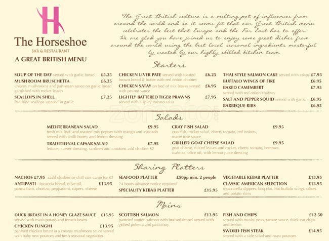 Menu at The Horseshoe pub & bar, Birmingham, Stratford Rd