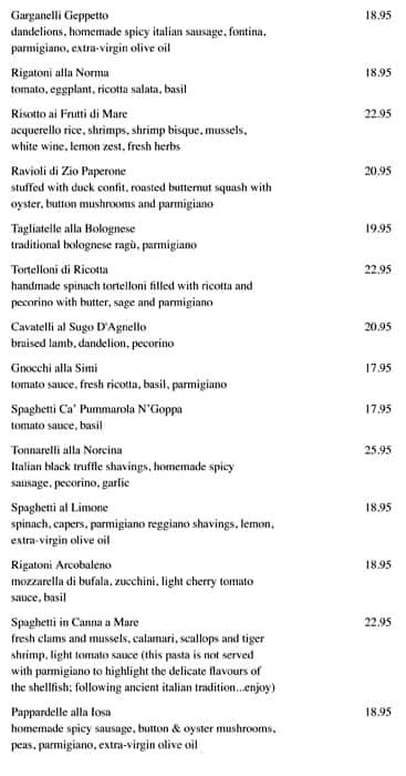Menu at Terroni restaurant, Toronto, 57 Adelaide St E