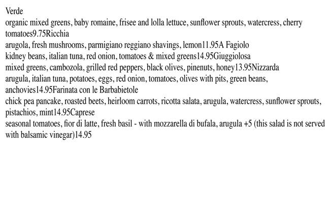 Menu at Terroni restaurant, Toronto, 57 Adelaide St E