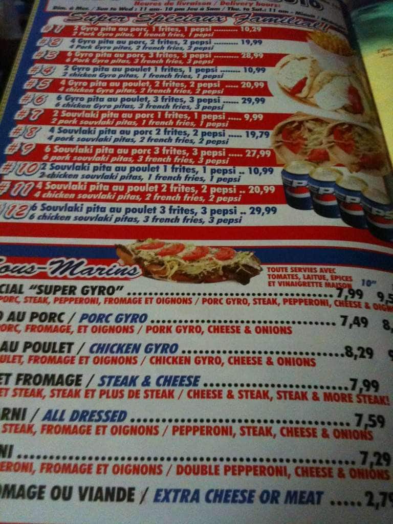 Menu at Super Gyros restaurant, Châteauguay