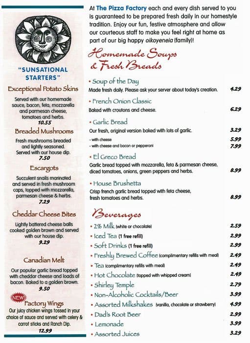 Menu at Pizza Factory pizzeria, Peterborough