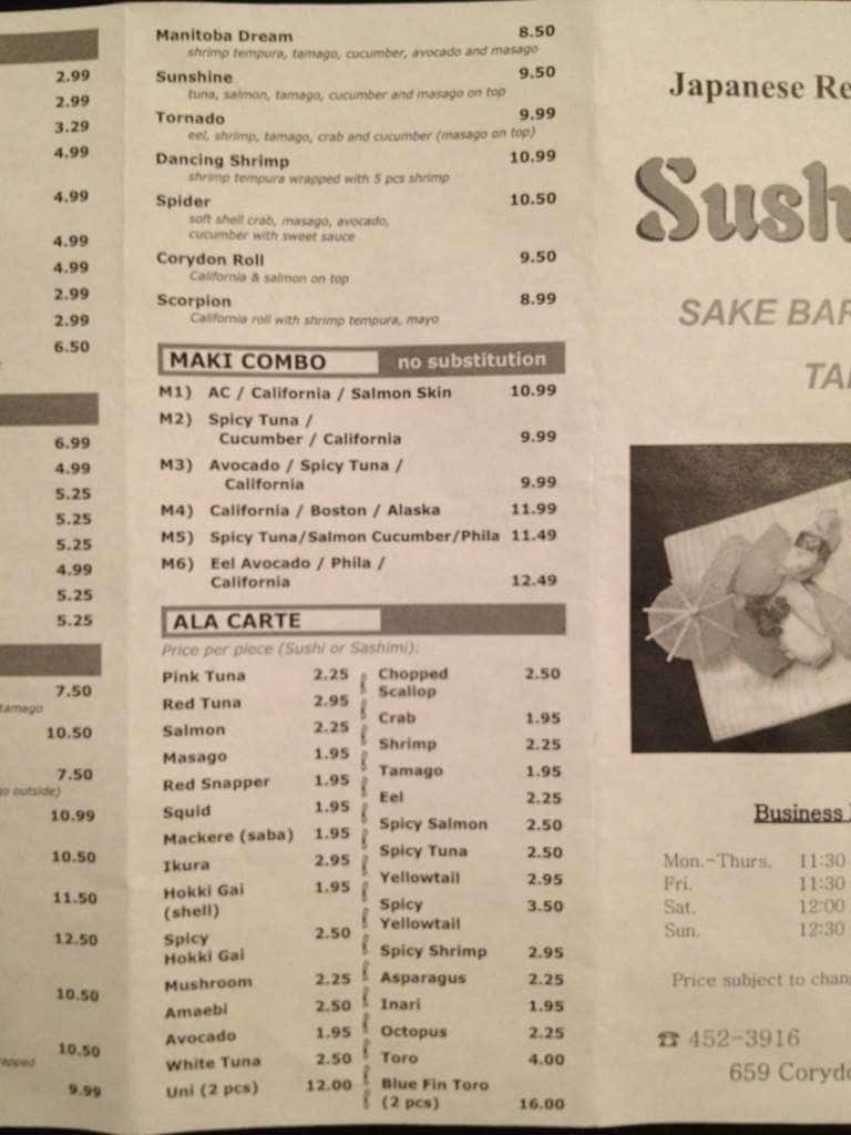 Menu at Sushi Ya restaurant, Winnipeg