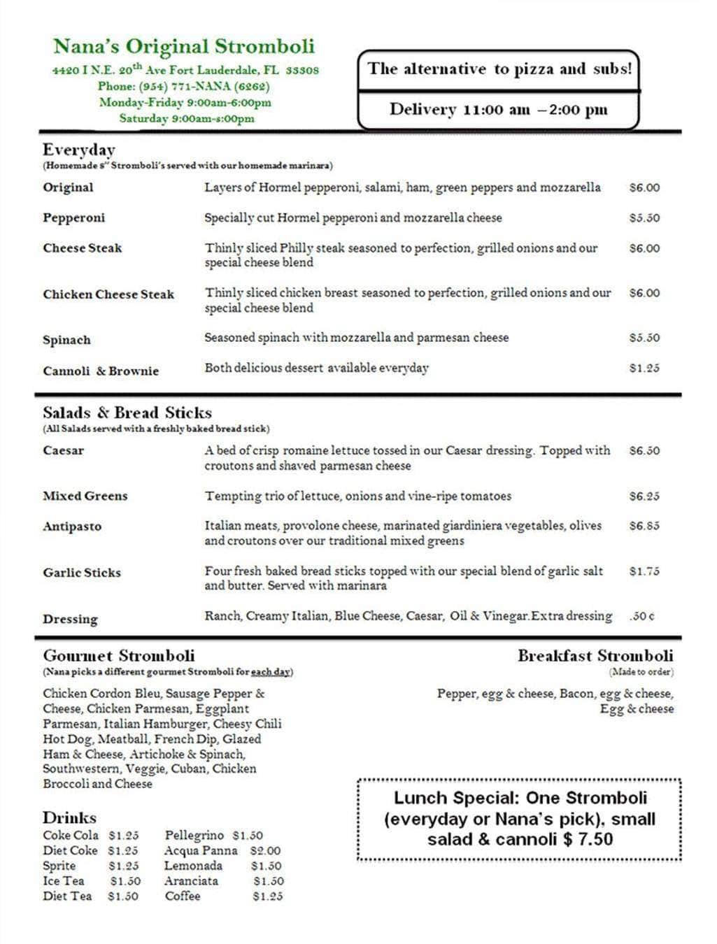 Menu at Nana's Original Stromboli cafe, Oakland Park, NE 20th Ave