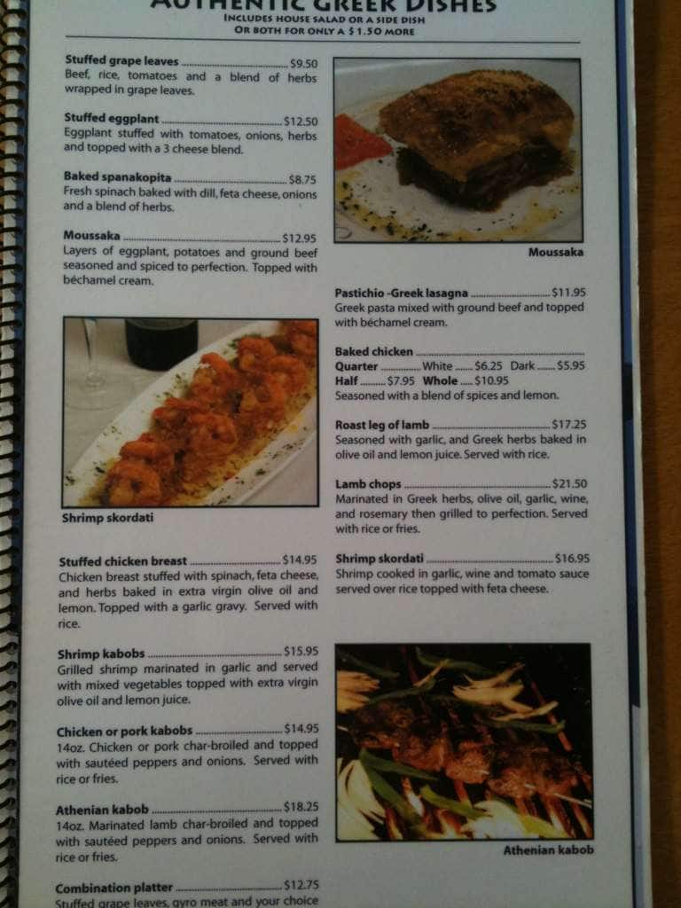 Menu at Greek Village restaurant, Lake Mary