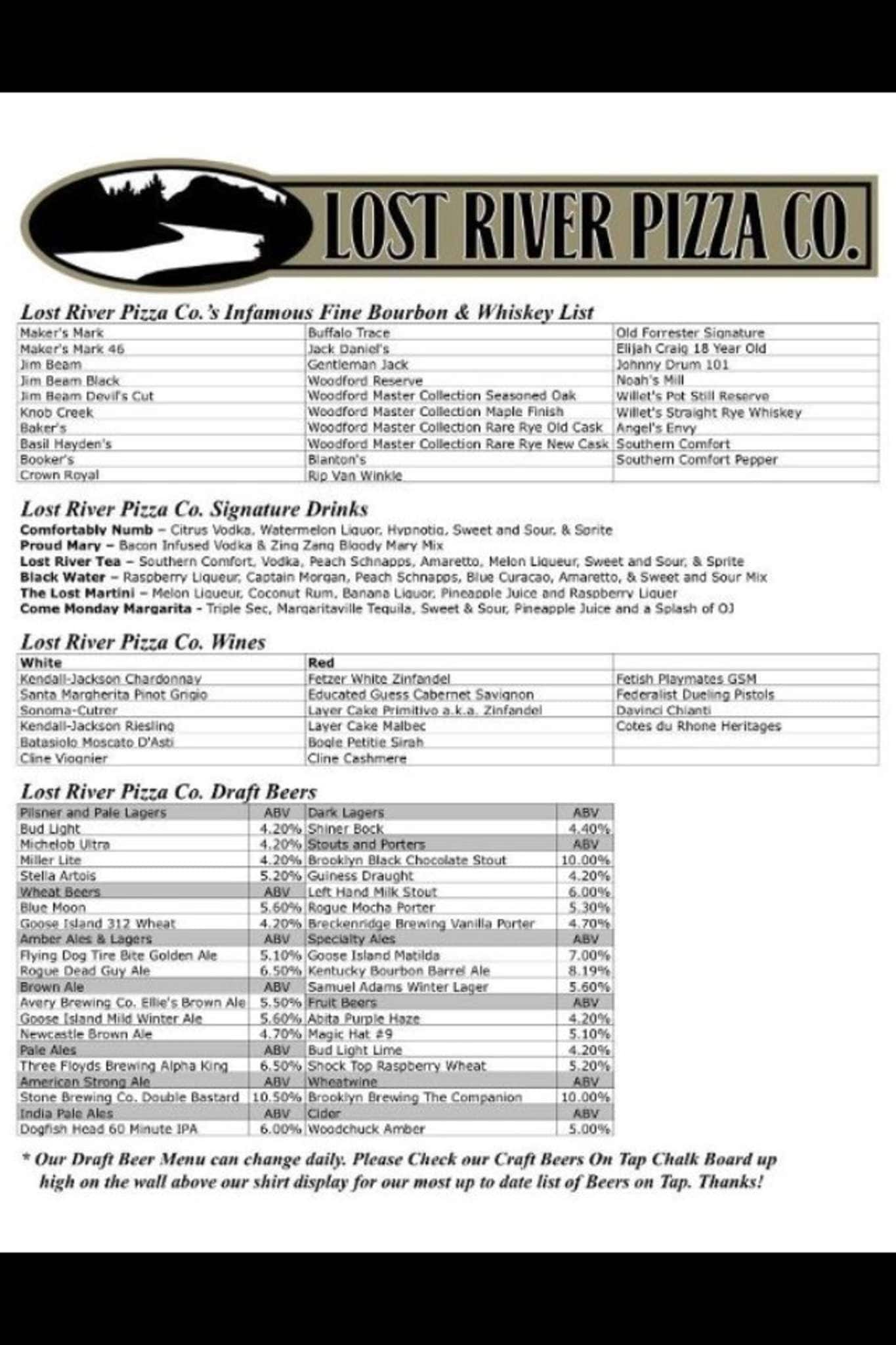 Menu at Lost River Pizza Co. pizzeria, Bowling Green, Nashville Rd #107