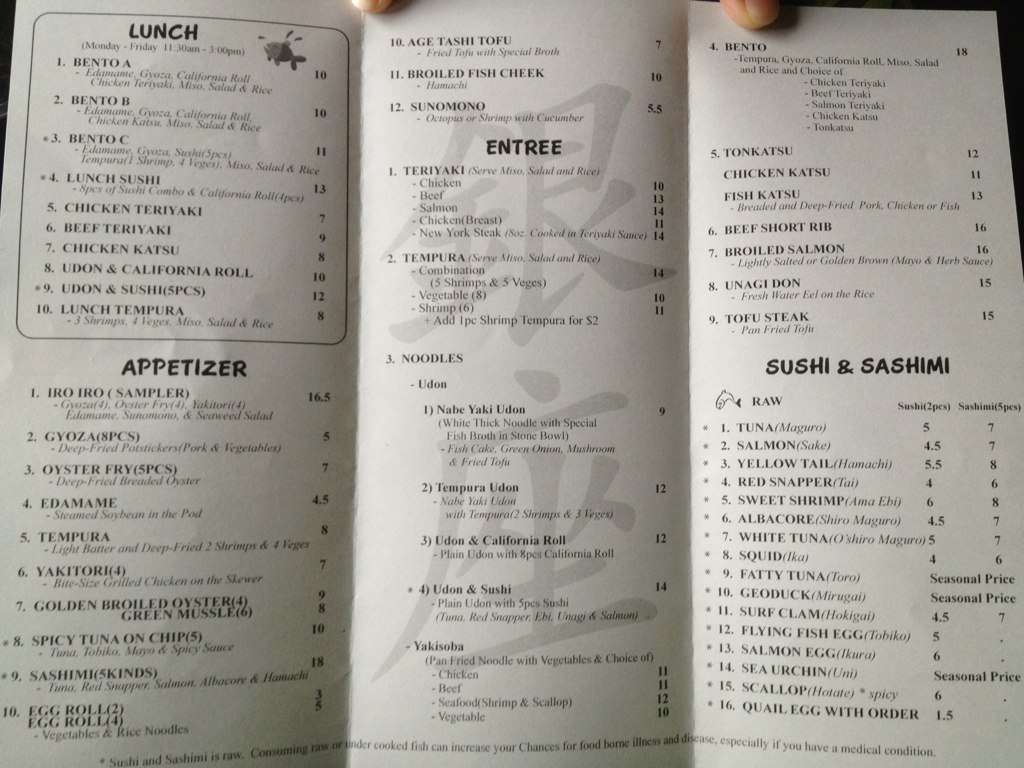 Menu at Kinja Japanese restaurant, Yelm