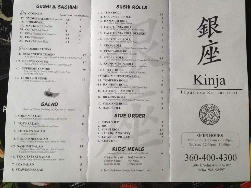 Menu at Kinja Japanese restaurant, Yelm