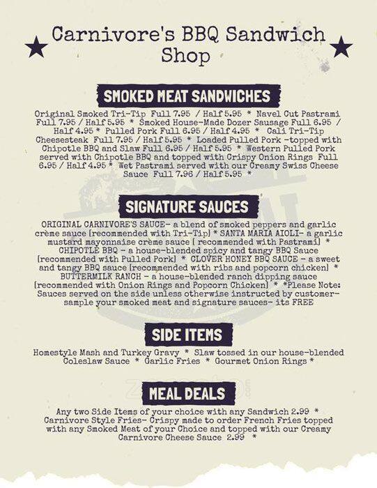 Carnivore's BBQ Sandwich Shop Menu - Urbanspoon/Zomato