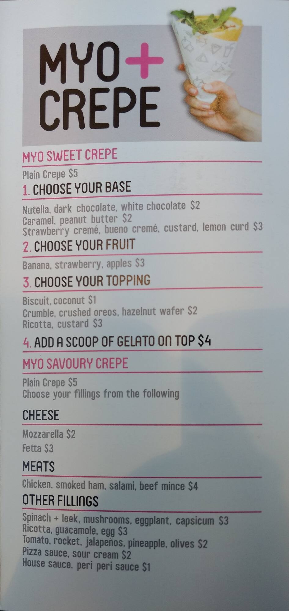 Menu at Love Crepe Drummoyne cafe, Drummoyne