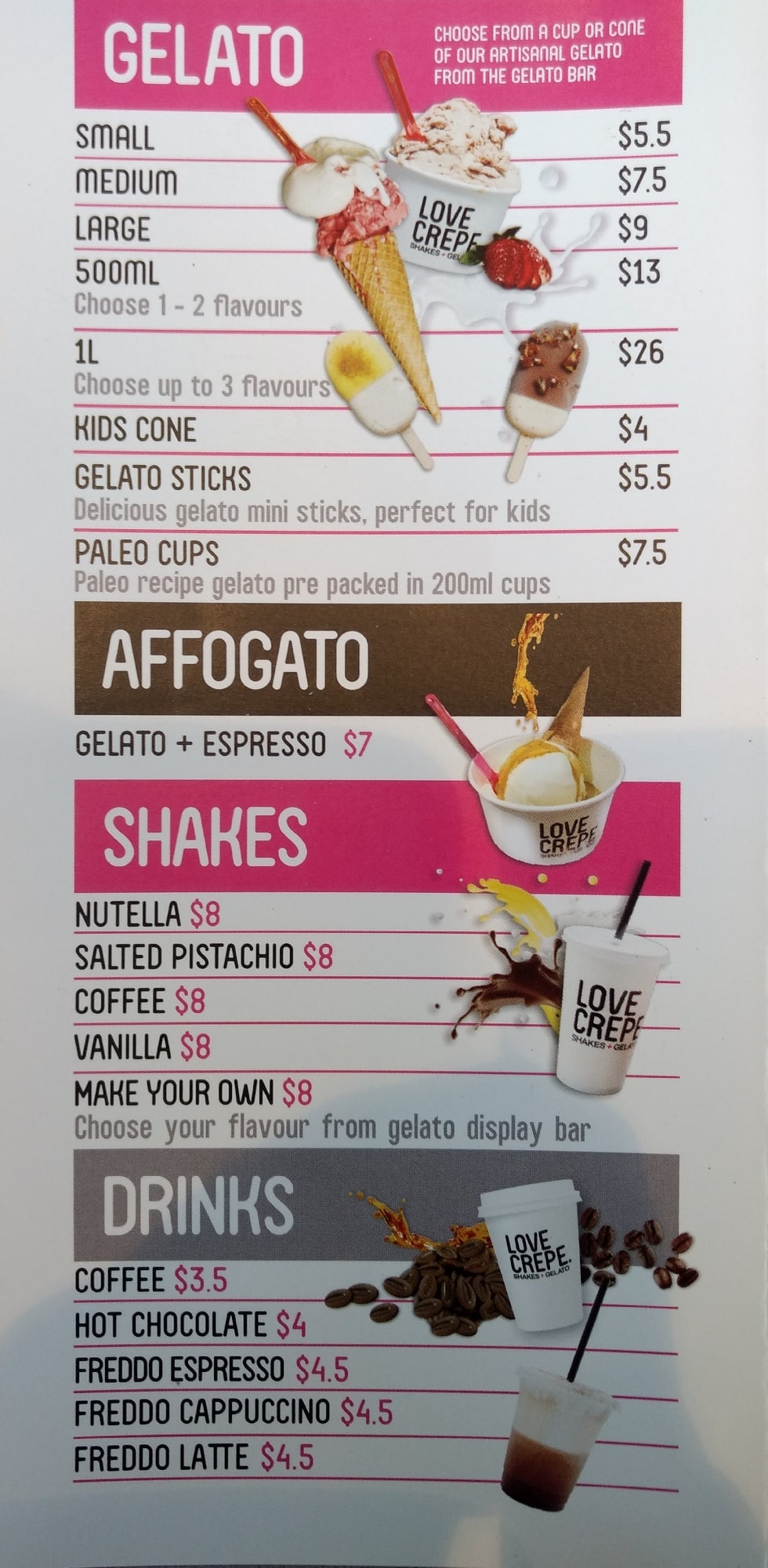 Menu at Love Crepe Drummoyne cafe, Drummoyne