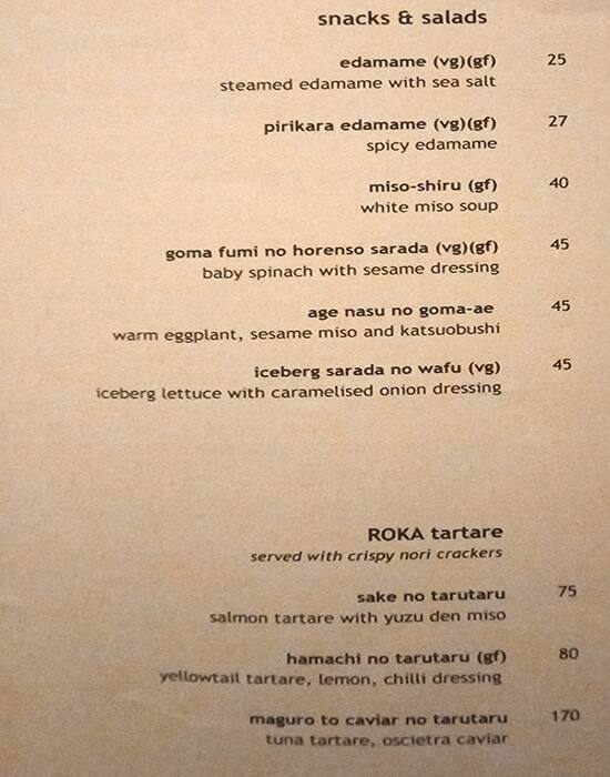 Menu of Roka, Business Bay, Dubai