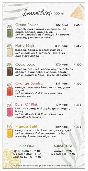 Menu of Blends & Bowls, Breach Candy, Mumbai