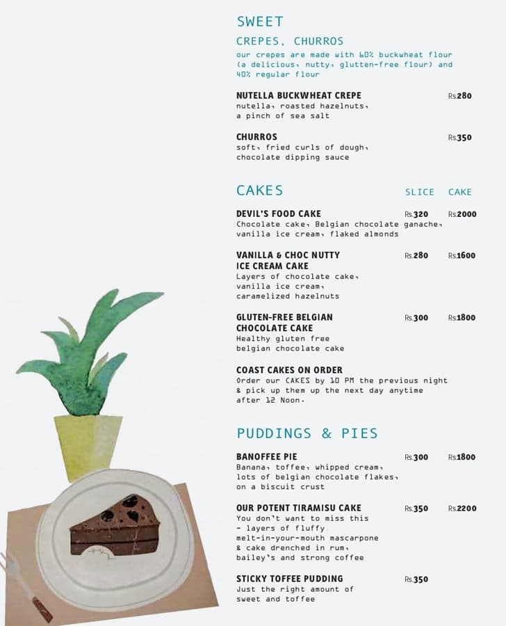 Menu of Coast Cafe, Hauz Khas Village, New Delhi