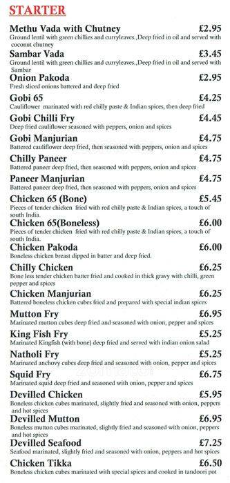 Menu at Madras restaurant, London, 244 Lewisham High St