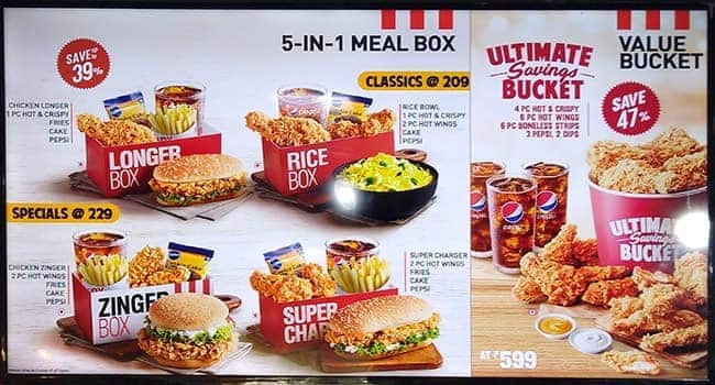Menu of KFC, Connaught Place, New Delhi