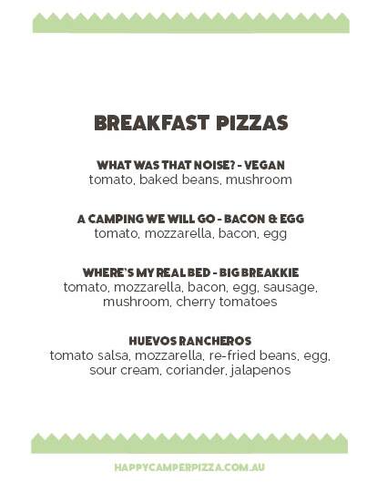 Menu at Happy Camper Pizza, Australia