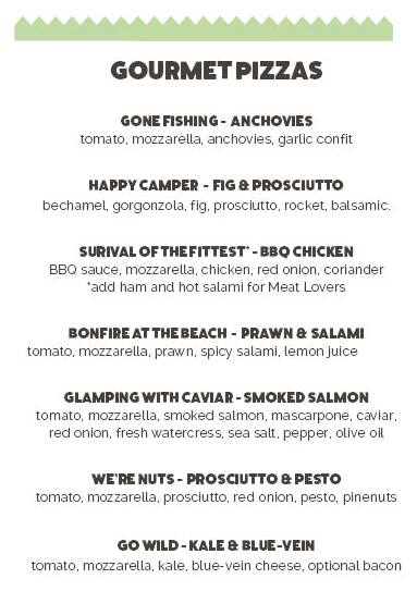Menu at Happy Camper Pizza, Australia