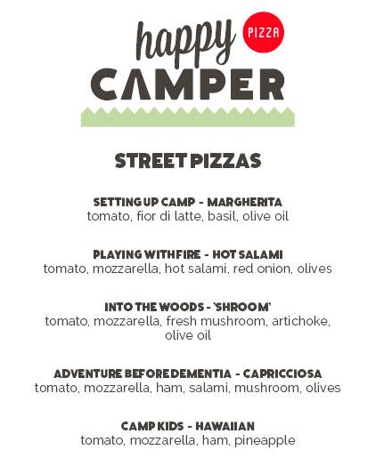 Menu at Happy Camper Pizza, Australia