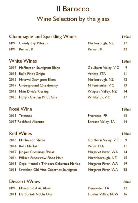 Menu at Il Barocco Restaurant, Main Beach