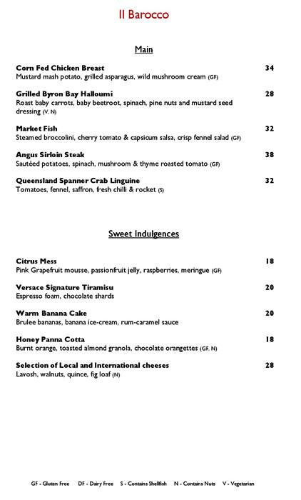 Menu at Il Barocco Restaurant, Main Beach