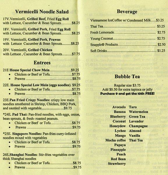 Menu at Pho Pacific restaurant, Tacoma, Pacific Ave S