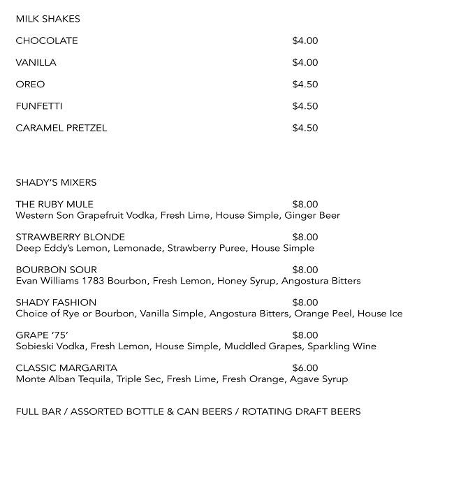 Menu at Shady's, Richardson