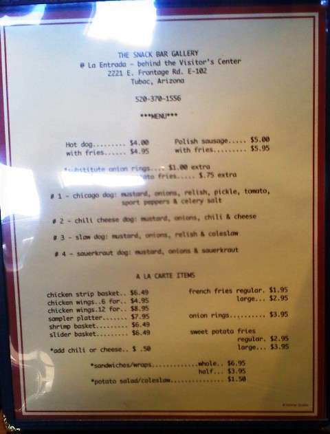 Menu at The Snack Bar Gallery @ La Entrada, Amado